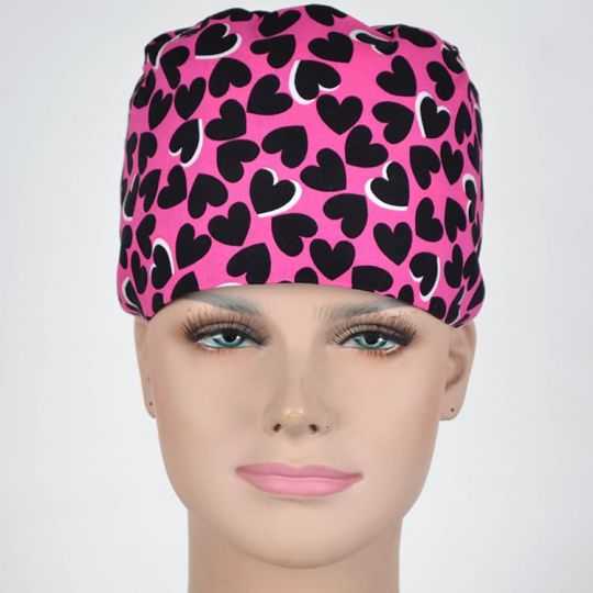 calot chirurgical opératoire bloc infirmière Rose motif Coeurs Noirs